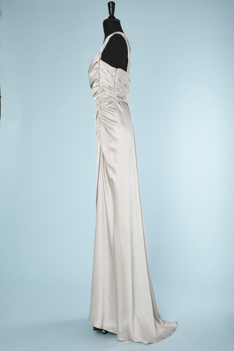 Light grey silk satin evening strapless dress Alberta Feretti at ...
