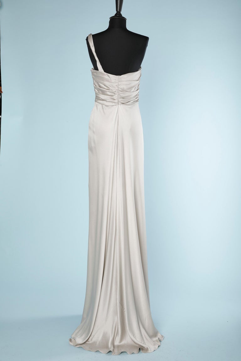 Light grey silk satin evening strapless dress Alberta Feretti at ...