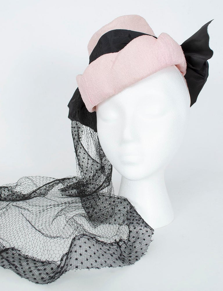 Light Pink Miniature Tilted Top Hat with Trailing Black Veil – O/S ...