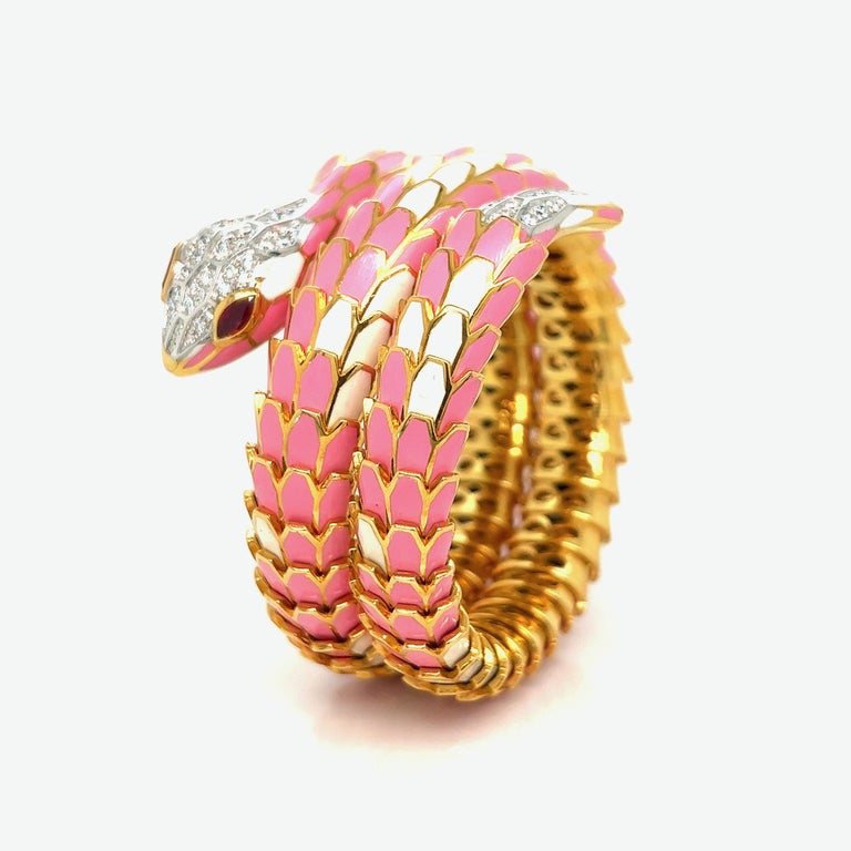 Light Pink and White Enamel Snake Wrap Bracelet For Sale at 1stDibs