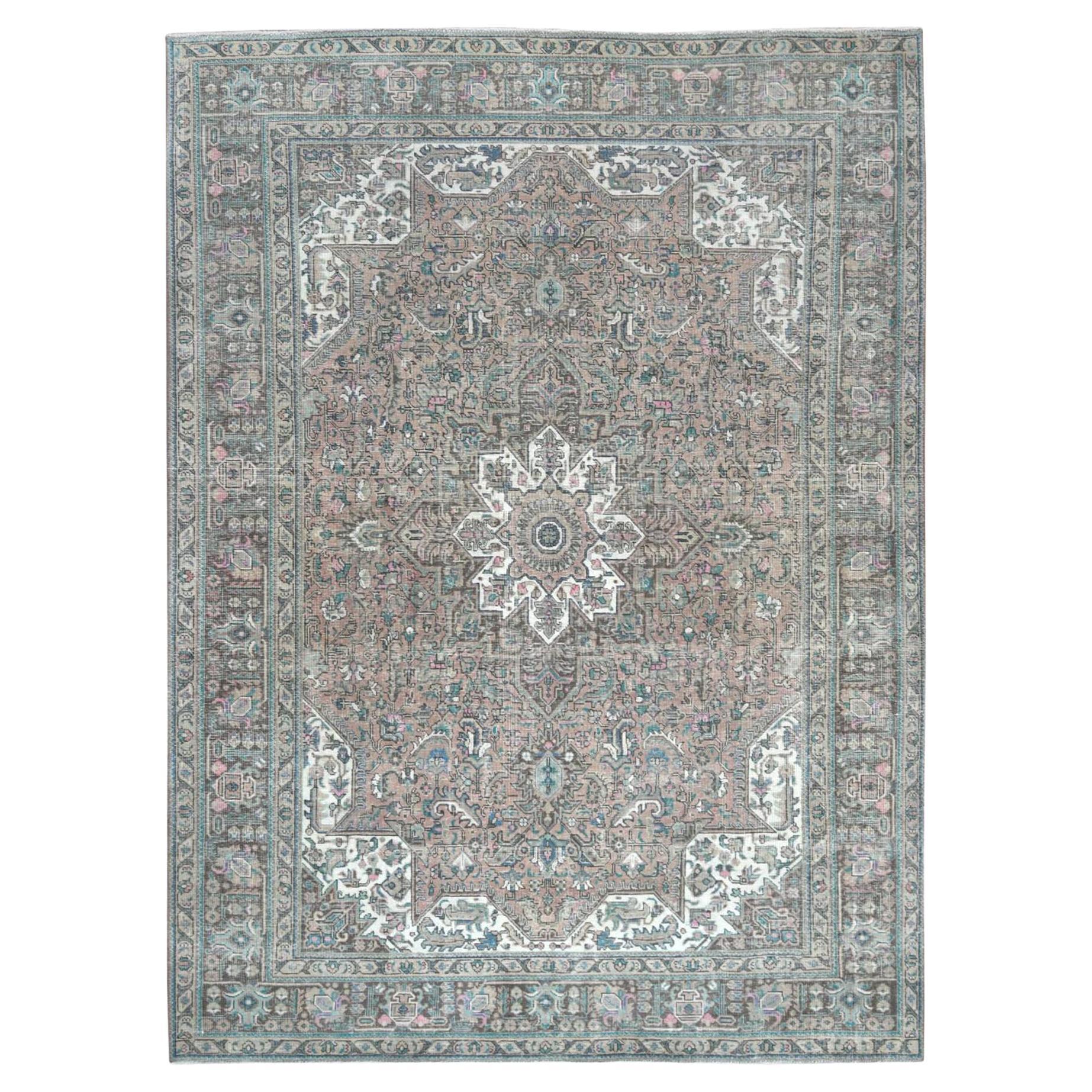 Red Hand Knotted Worn Wool Vintage Persian Tabriz Distressed Look Rug ...