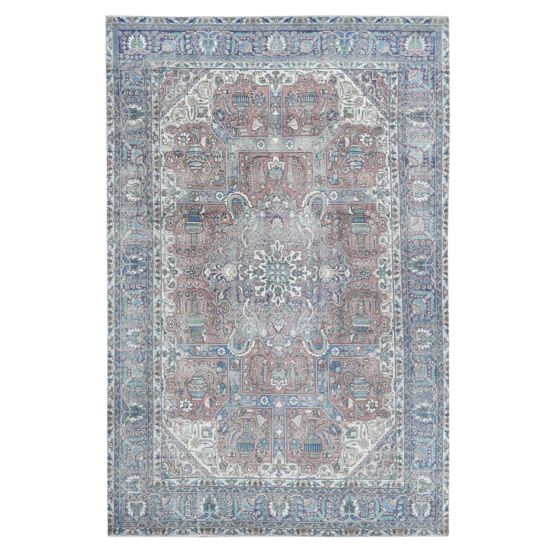 Gray, Distressed Look, Hand Knotted, Vintage Persian Tabriz, Worn Wool ...