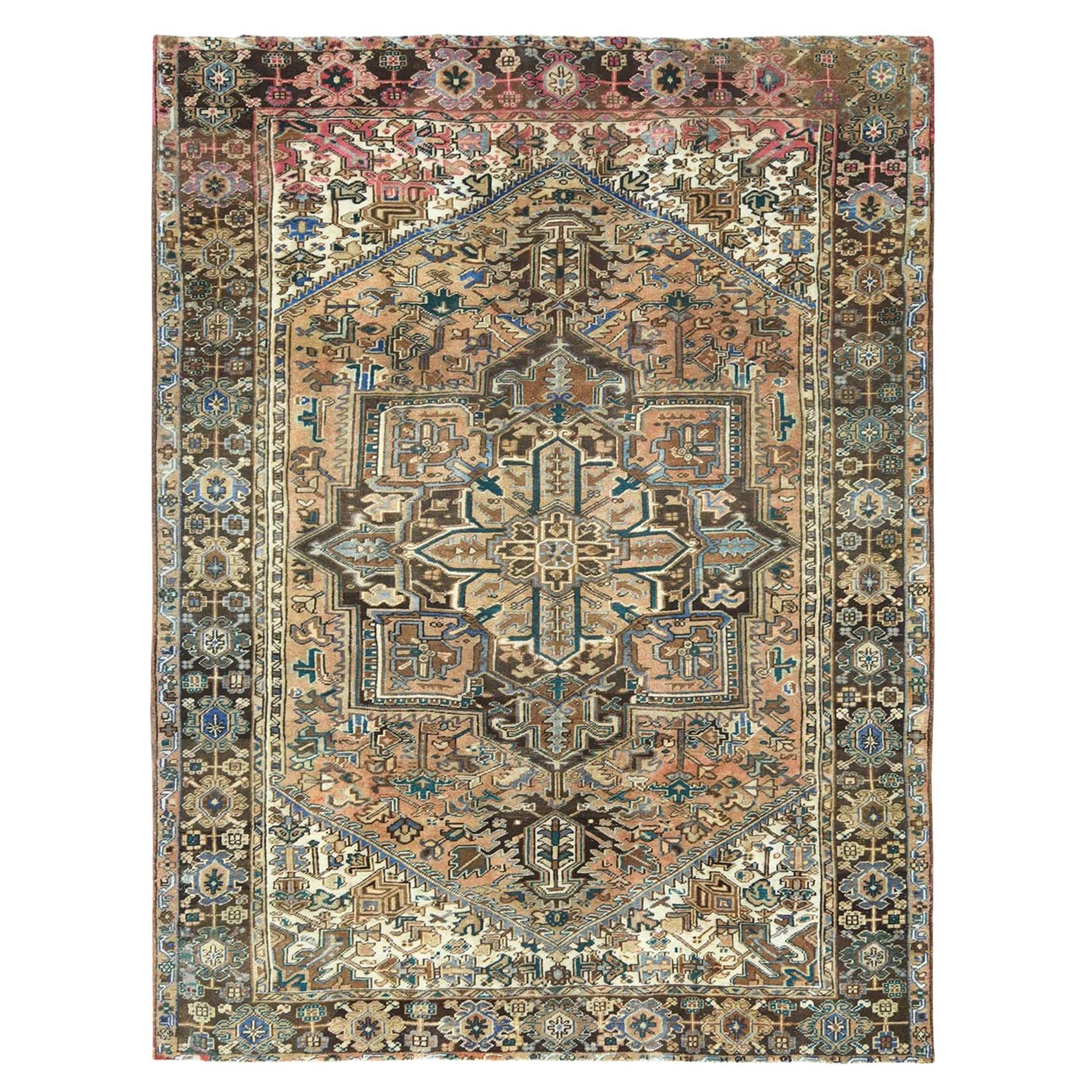 Rustic Brown Vintage Persian Heriz Worn Down Worn Wool Hand Knotted Rug ...