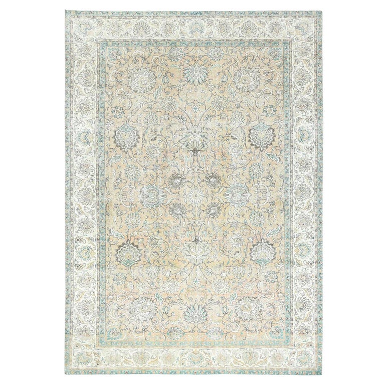 Light Tan Vintage Persian Tabriz Intricate Flower Pattern Wool Hand ...