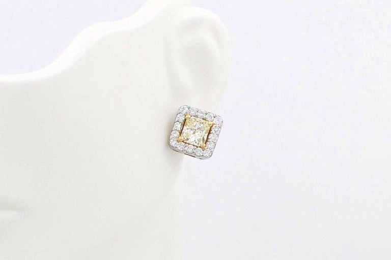 Light Yellow Princess Halo 3.96 TCW Diamond Earrings in 18K White and ...