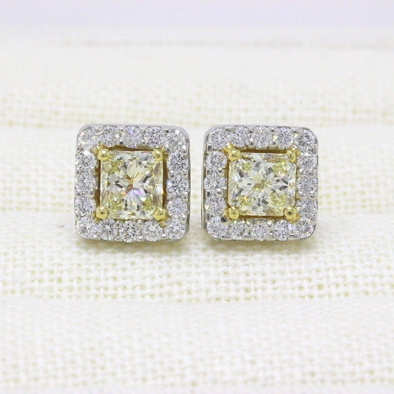 Light Yellow Princess Halo 3.96 TCW Diamond Earrings in 18K White and ...