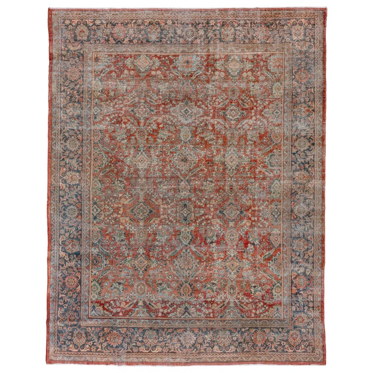 Lightly Distressed Antique Persian Mahal Rug, Red All-Over Field, Teal ...