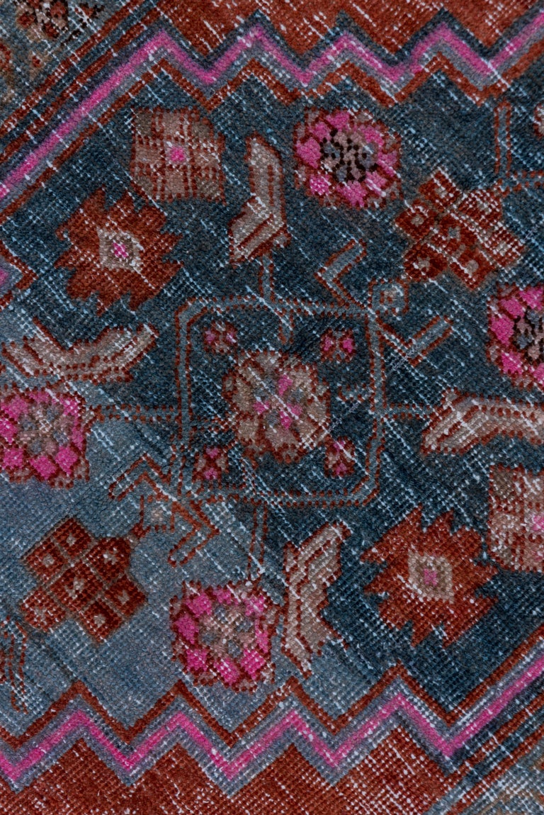 Lightly Distressed Blue and Red Persian Heriz Runner Rug with Hot Pink ...