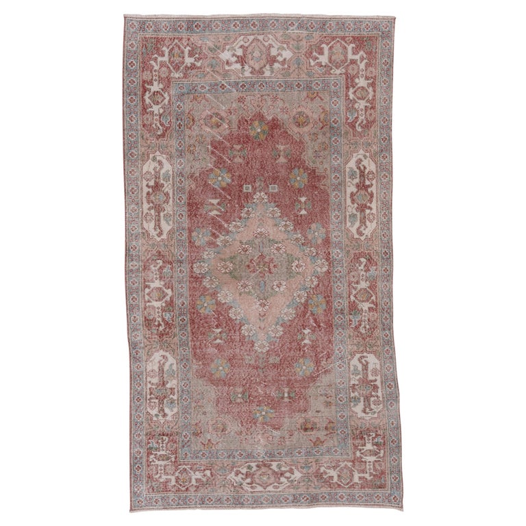 Lightly Distressed Oushak Rug, Soft Red Field, Baby Blue Borders ...