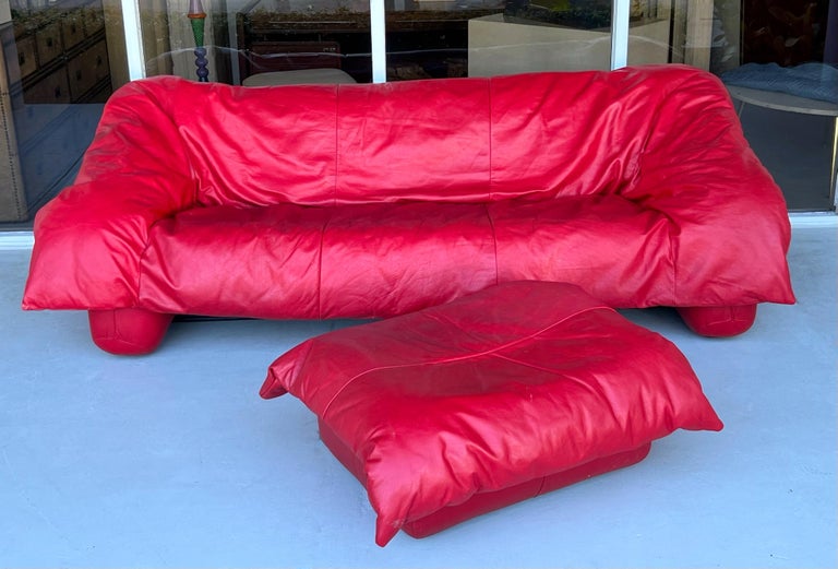 Ligne Roset Red Leather Flou Flou Sofa and Ottoman by D’Urbino De Pas ...