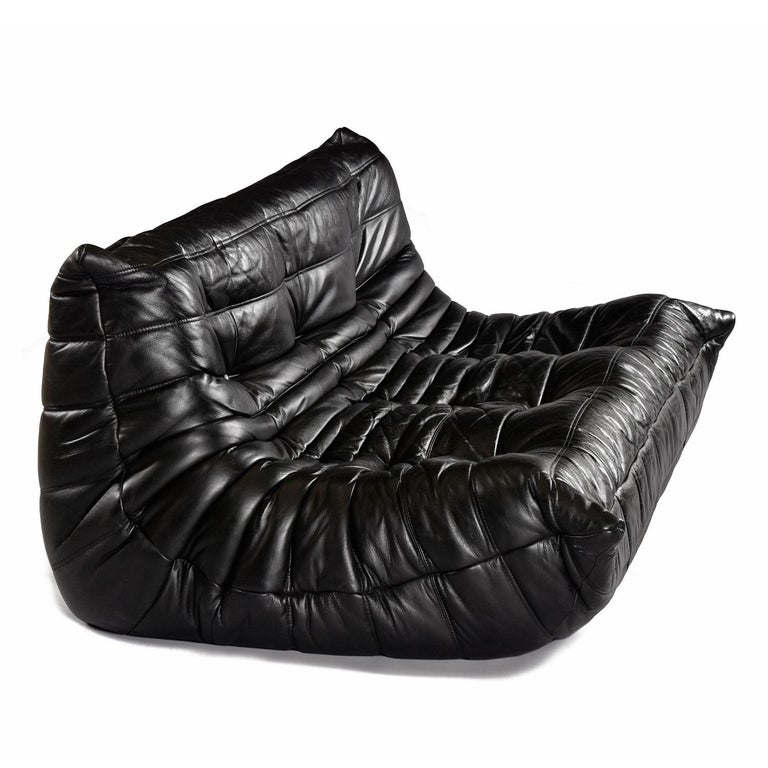 Ligne Roset Togo Black Leather Seating Group 3-Seater Sofa, Chair and ...