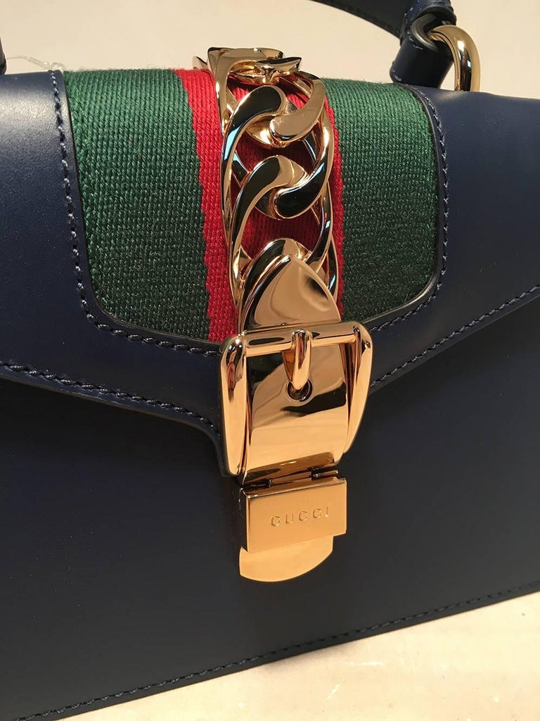 Gucci Navy Blue Leather Sylvie Mini Handbag For Sale at 1stdibs