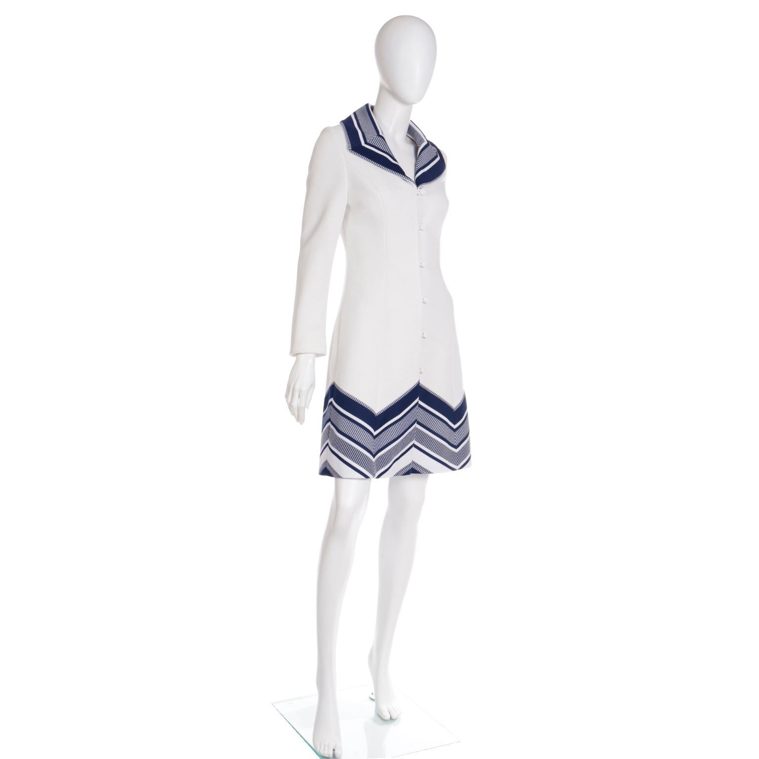 Lilli Ann Knit 1970s Vintage White Coat With Navy Blue Chevron Design ...