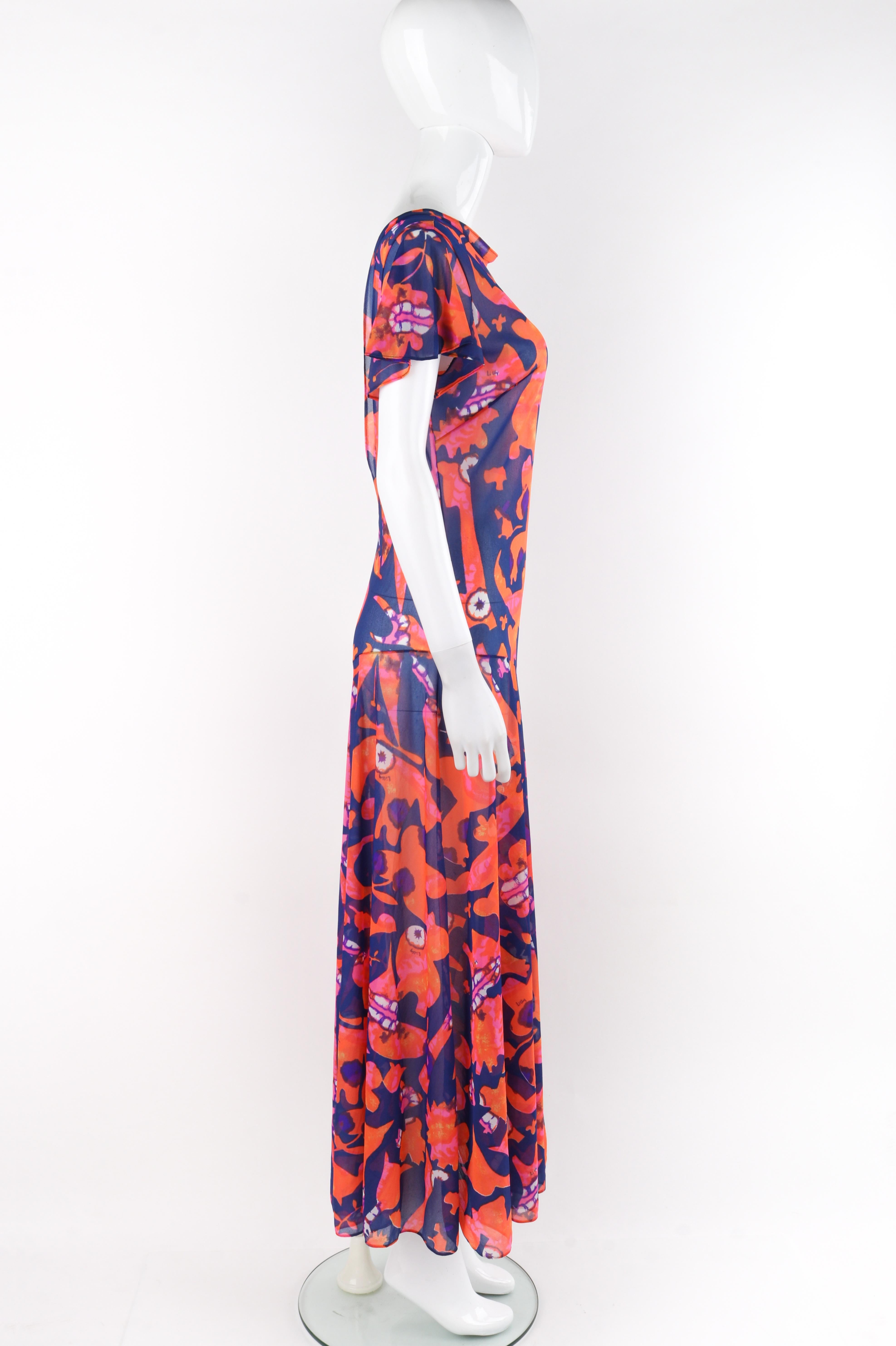 LILLY PULITZER c.1970s Blue Orange Abstract Print Drop Waist Plunge ...