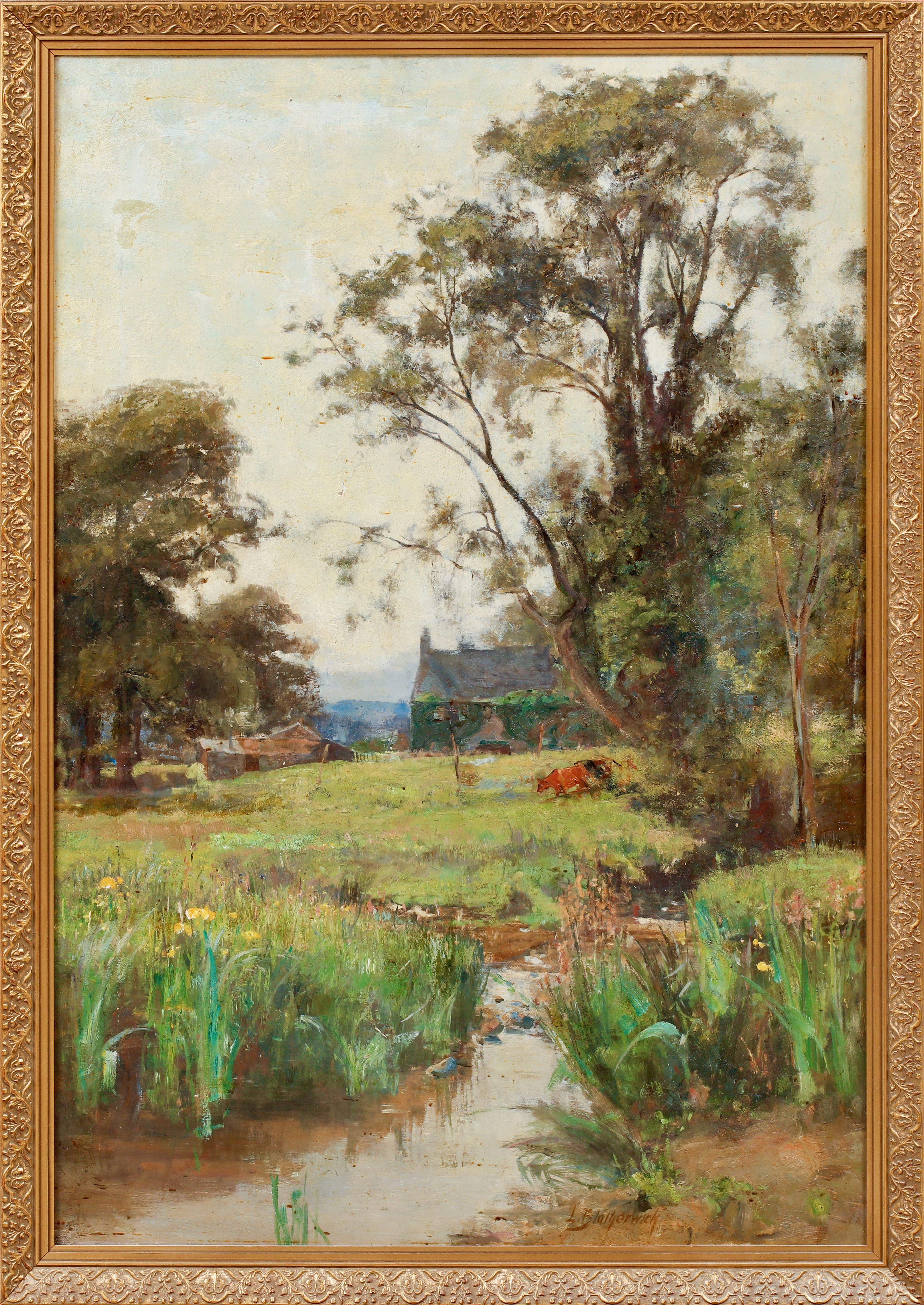 Lily Blatherwick - Summer Landscape with Farmhouse, Creek and Cows For ...