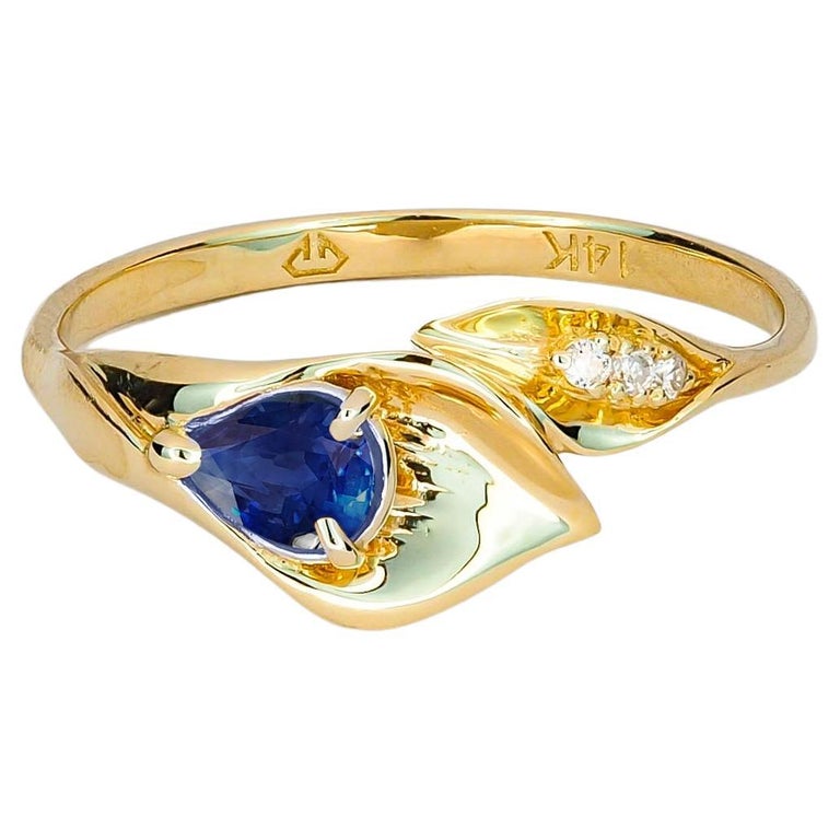 Lily Calla Gold Ring, 14 Karat Gold Ring with Sapphire and Diamonds For ...