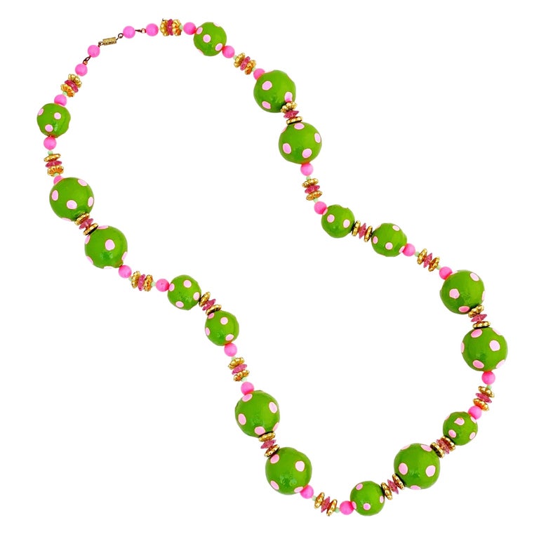 Lime and Pink Paper Mache Beaded Statement Necklace By Alice Caviness ...