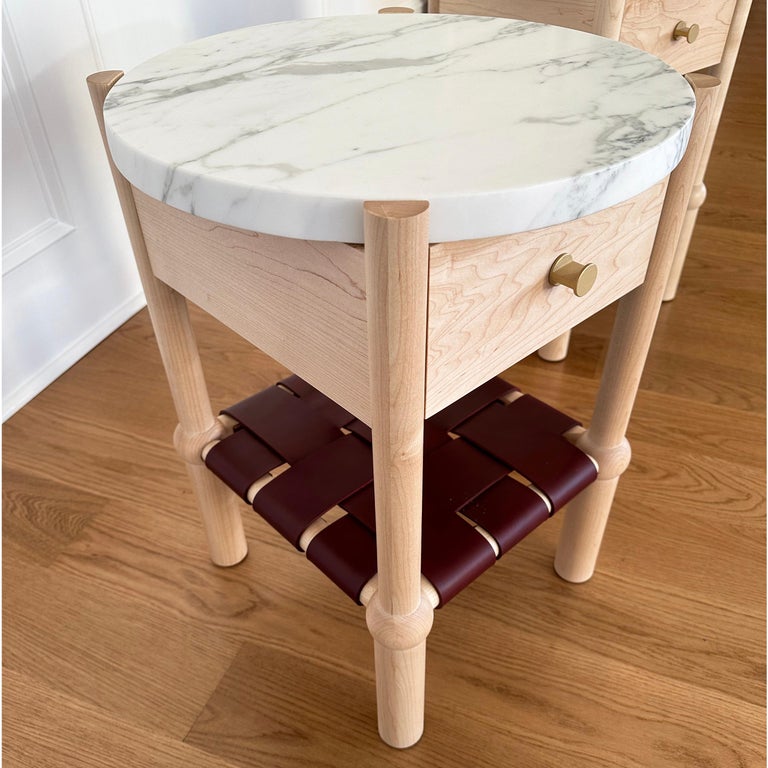 In Stock Mae Side Tables with Marble Top and Woven Leather Shelf For ...