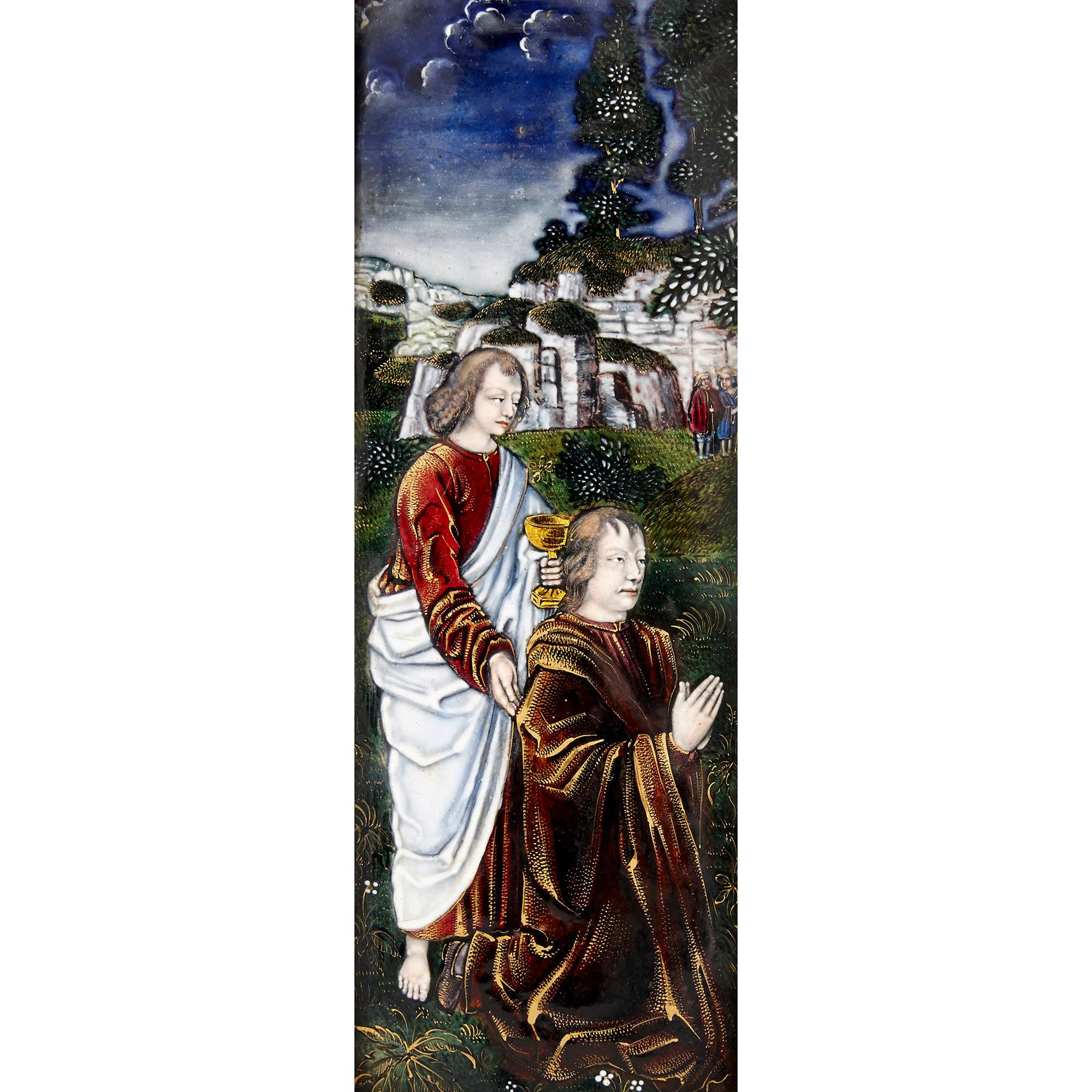 Limoges Enamel Plaque after Gerard David's Baptism of Christ For Sale at 1stDibs