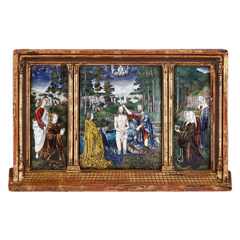 Limoges Enamel Plaque after Gerard David's Baptism of Christ For Sale at 1stDibs