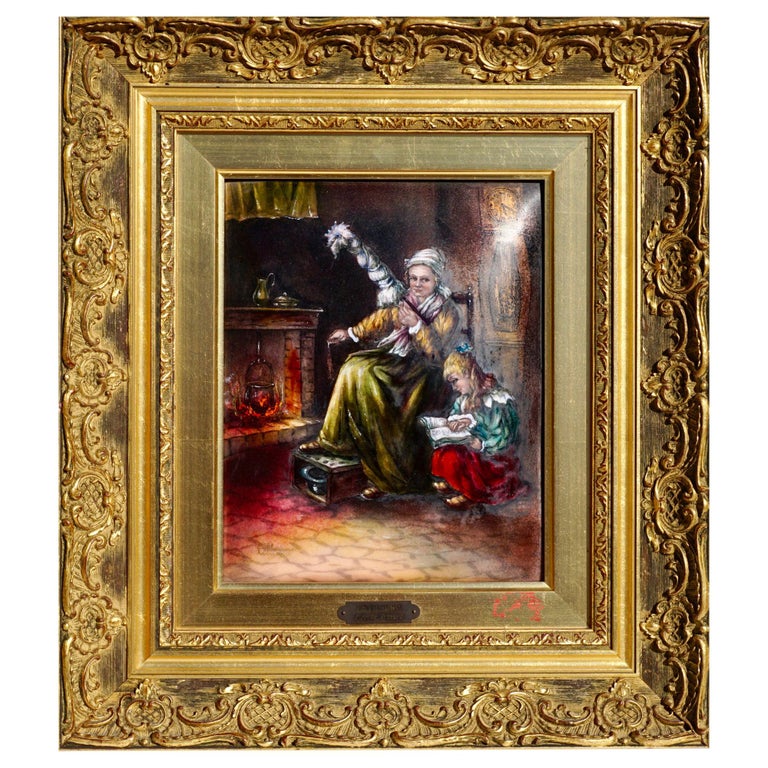 Limoges Enamel Plaque “La Fileuse” For Sale at 1stDibs