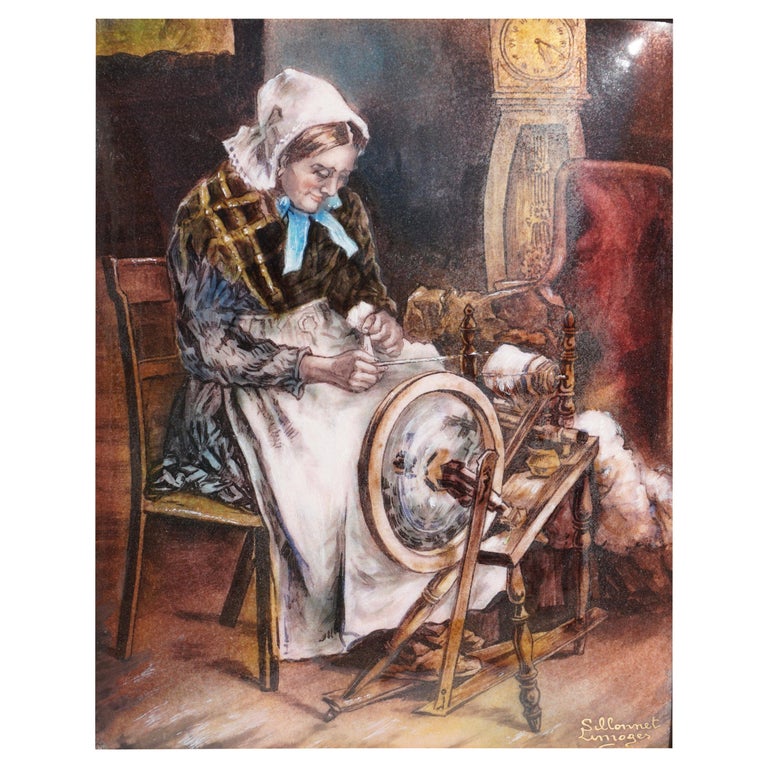 Limoges Enamel Plaque “La Fileuse” For Sale at 1stDibs