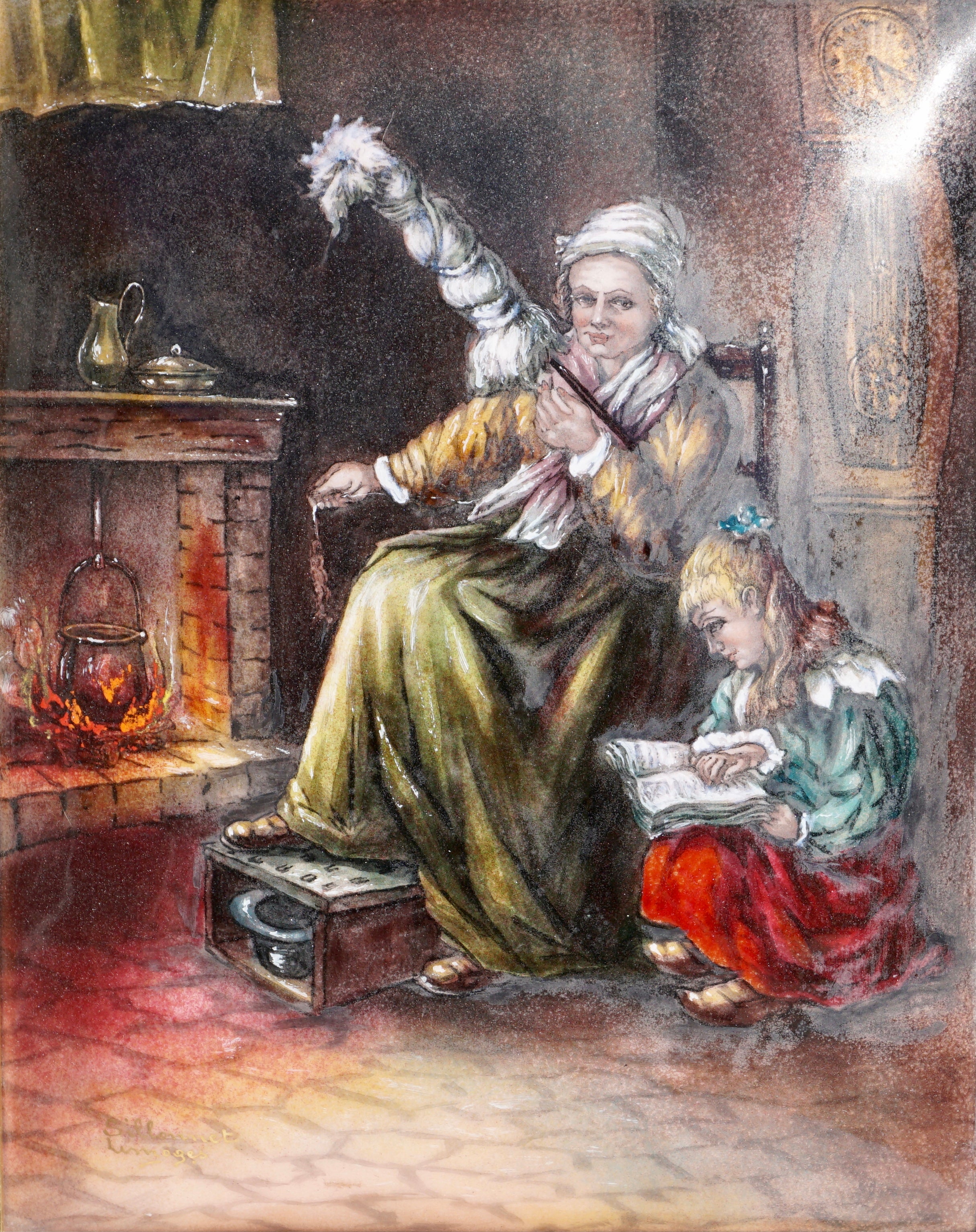 Limoges Enamel Plaque “La Fileuse” For Sale at 1stDibs