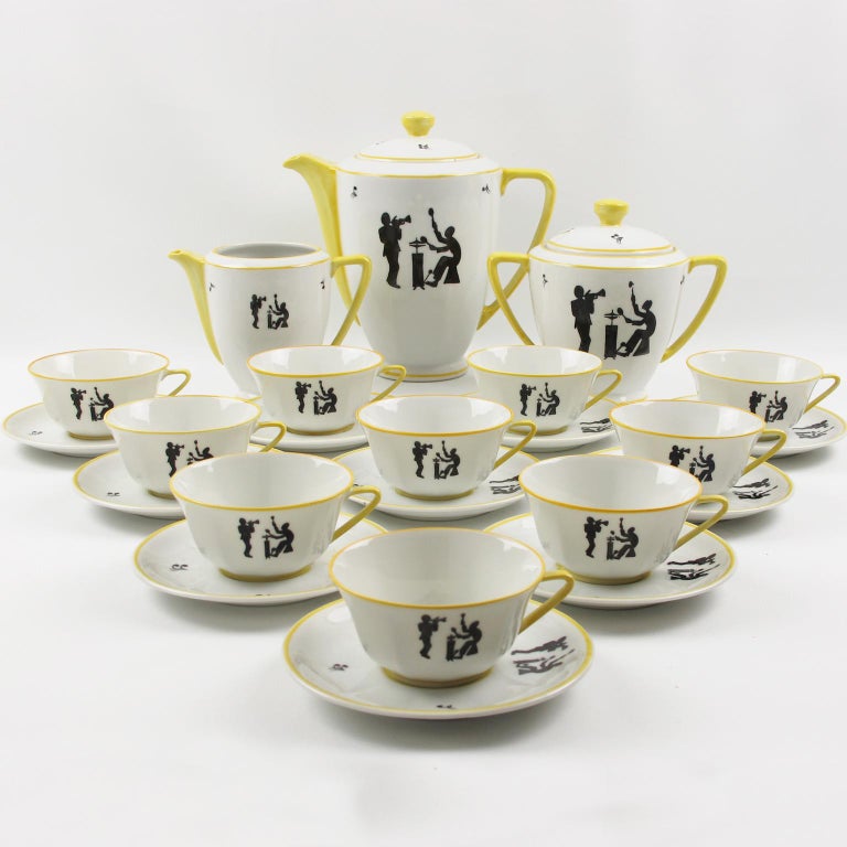 Porzellan-Tee-/Kaffeeservice aus Limoges, Frankreich, Jazzband-Design ...