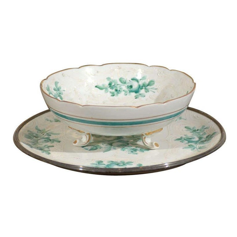 French Limoges Porcelain Bowl with Green Bouquet of Roses and ...