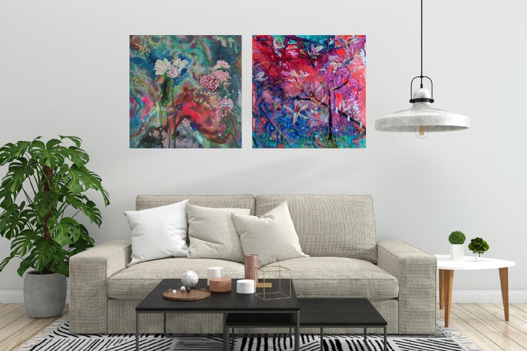 Linda Clerget - Dyptic 'Cosmos roses and magnolias' En vente sur 1stDibs