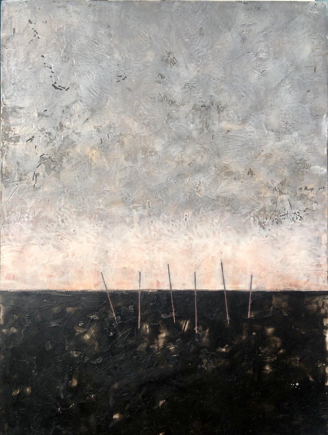 Jim Inzero - Dory in Green Marsh, Pink Sky; Encaustic Landscape ...