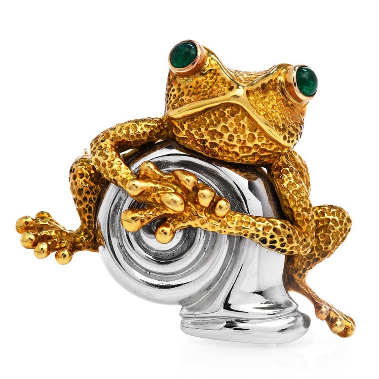 Lindsay and Co. Vintage Emerald Platinum 18K Gold Frog Brooch Pin For ...