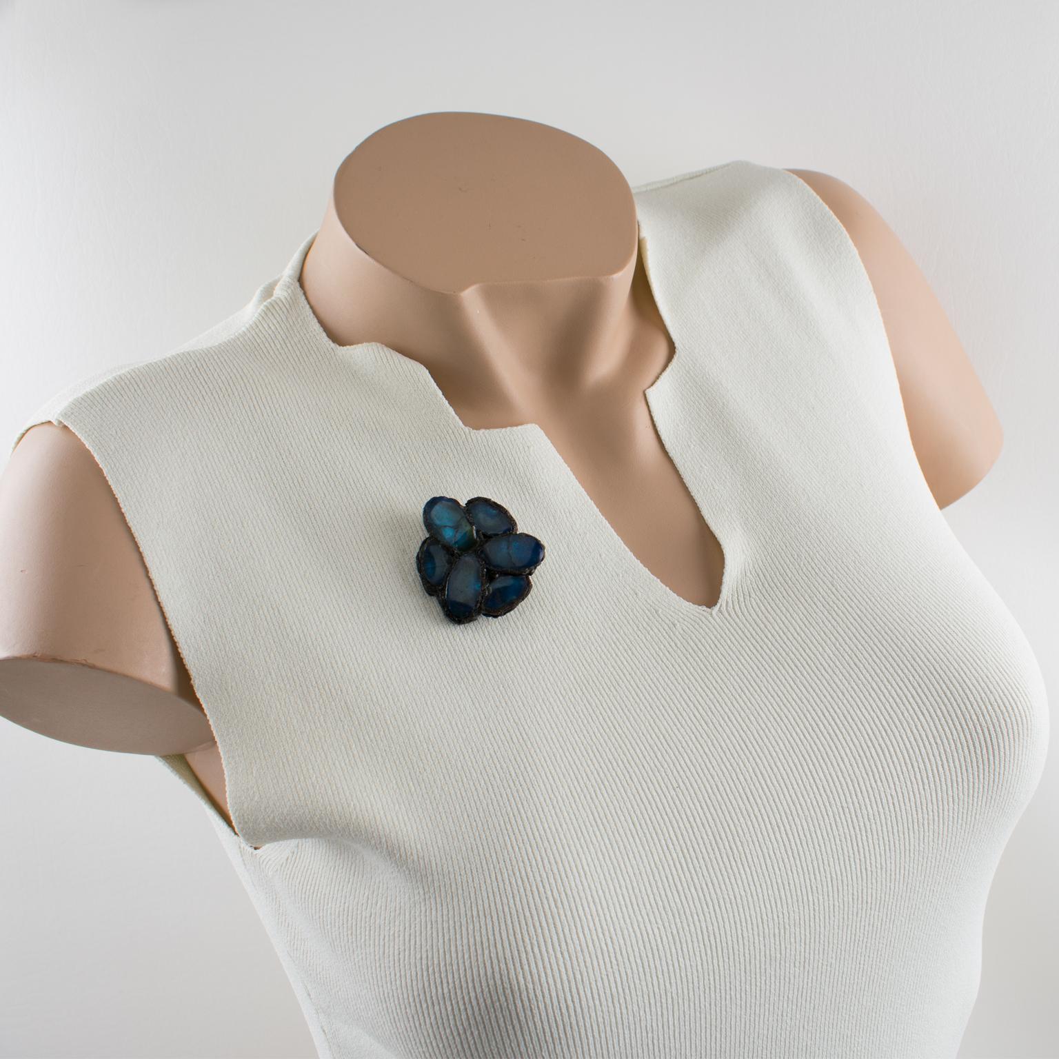 Line Vautrin Blue Mirror and Black Talosel Brooch Pin For Sale at 1stDibs