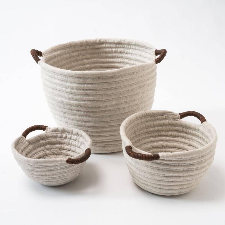 Linen Woven Basket in Natural with Leather Handles Custom Crafted in ...
