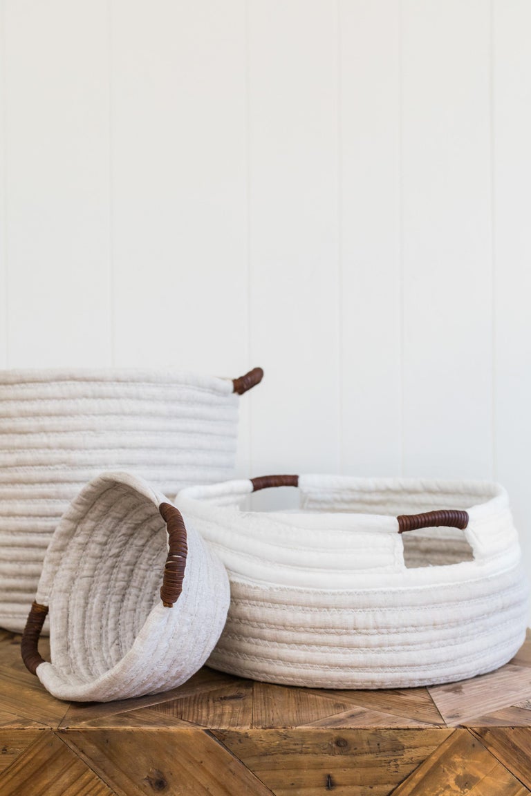 Linen Woven Basket in Natural with Leather Handles Custom Crafted in ...