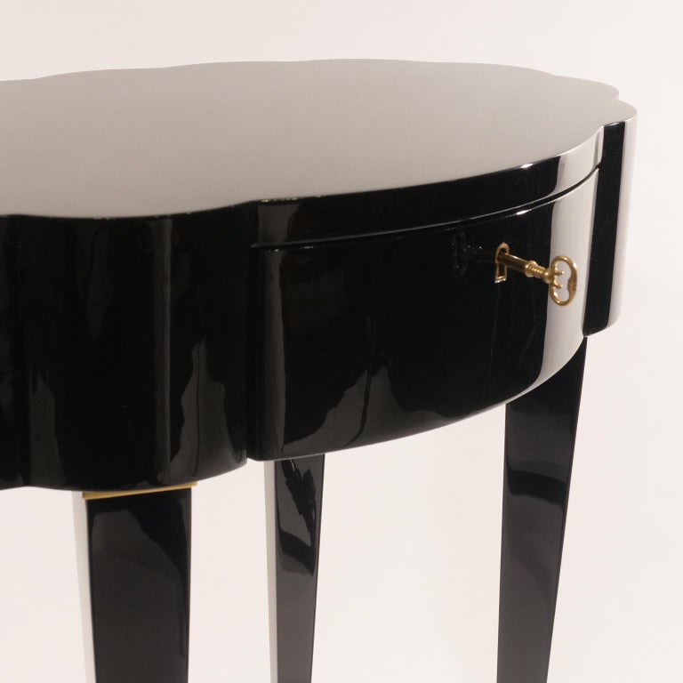 Linenfold Carved Oval Black Lacquer Side Table, in Stock at 1stDibs