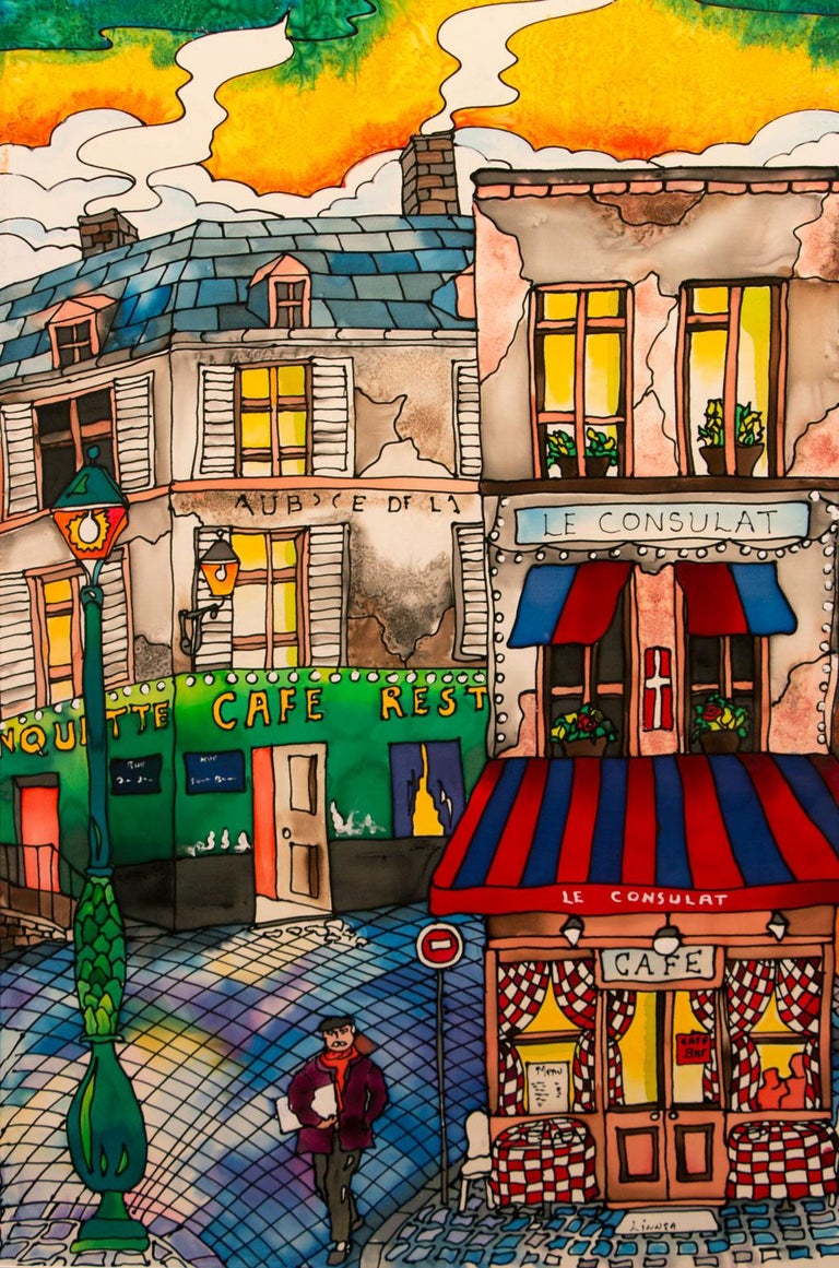 Linnea Pergola - "Montmartre Cafés" Original Pop Art Painting on Silk ...