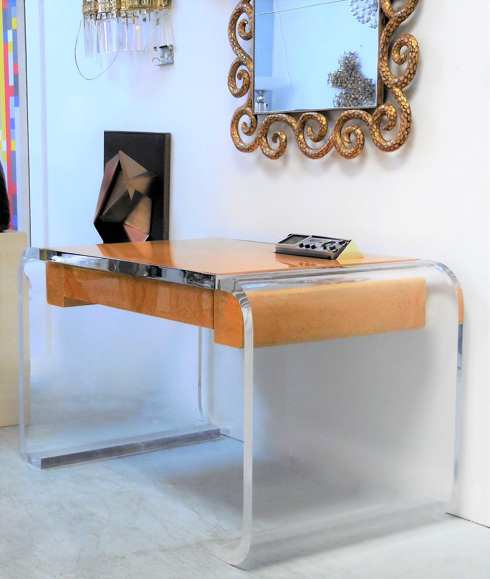 Lion in Frost Modern Lucite Desk with Multimedia Console, 1970s at 1stDibs