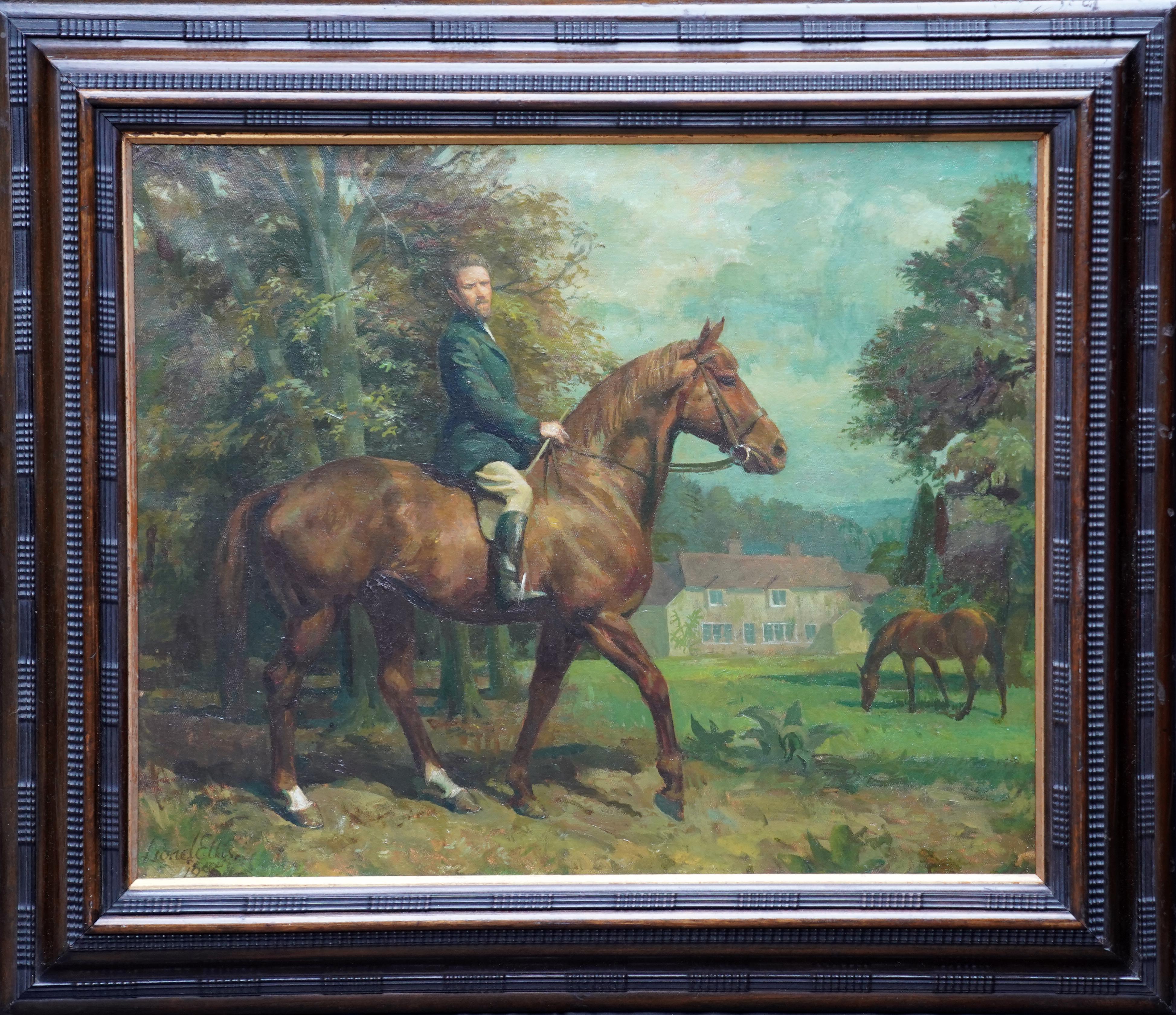 Lionel Ellis - Self Portrait on Horse in Landscape - British 50's art ...