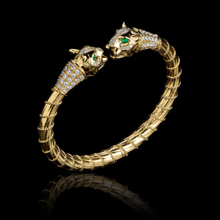 18 Karat Yellow Gold Diamonds Emeralds Spring Cuff Bracelet Lioness ...