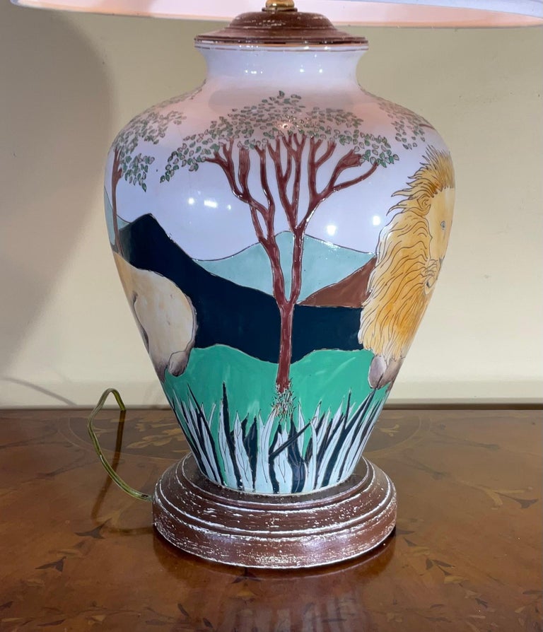 Lions Hand Painted Ceramic Table Lamp For Sale at 1stDibs