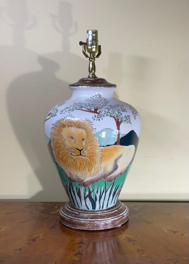 Lions Hand Painted Ceramic Table Lamp For Sale at 1stDibs