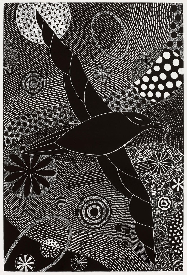 Lisa Houck - 'Soaring and Surfing' Folk inspired black/white woodcut ...