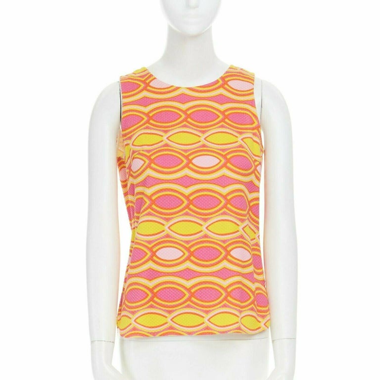 LISA PERRY 60s mod con pink yellow geometric print textured cotton top ...