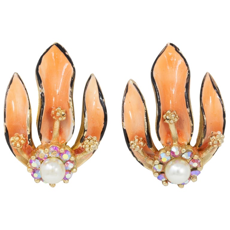 Lisner Golden Clip On Earrings, Enamel, Faux Pearls, Vintage 1950s For ...