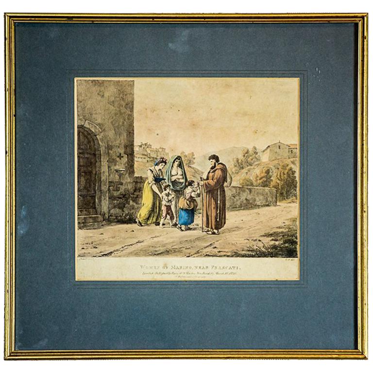 Lithography Depicting Women with Children and a Monk, circa 1820 For ...