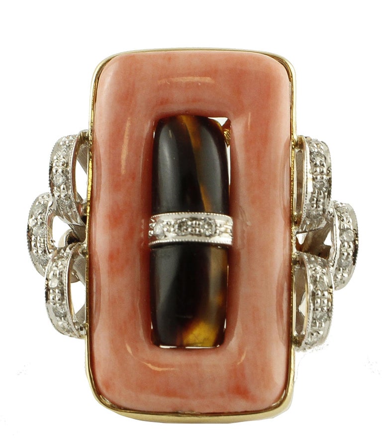 Little Diamonds, Coral, Dark Stone Rose and White Fashion Ring at 1stDibs