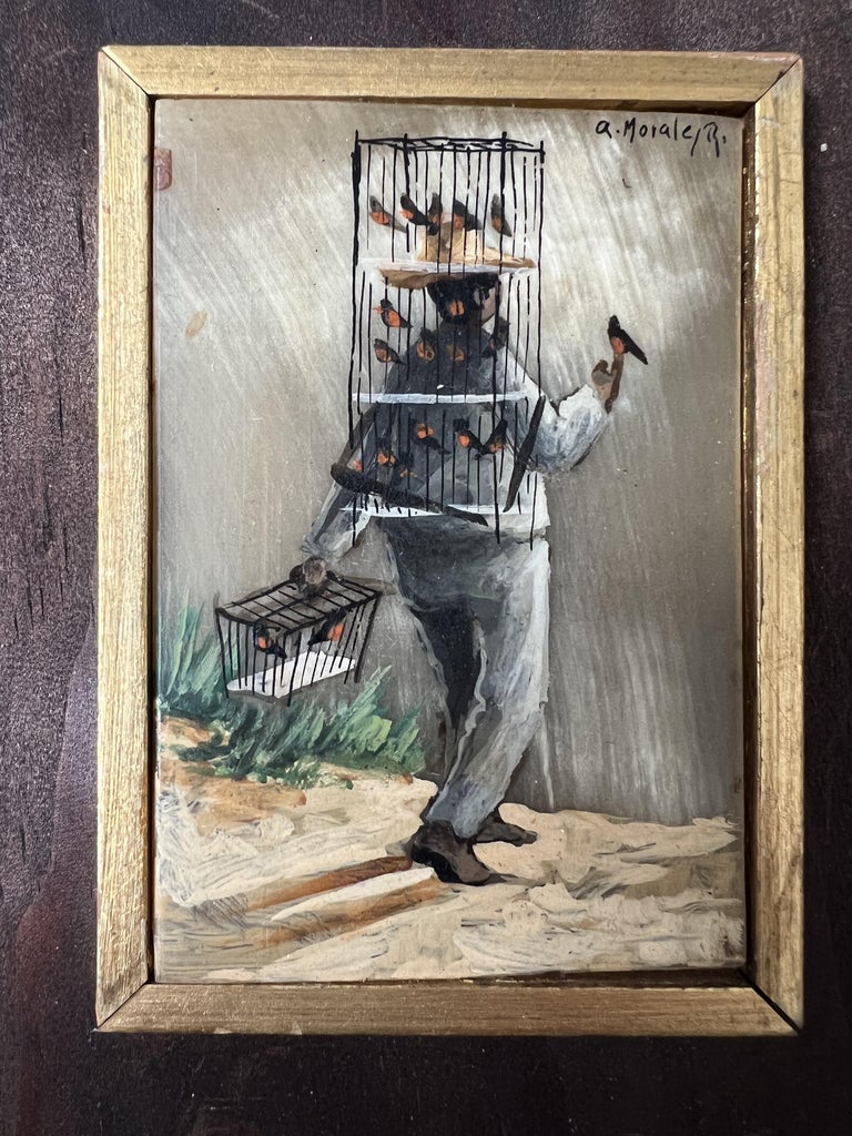 Little Oil Painting of a Bird Vendor by Armando Morales For Sale at 1stDibs