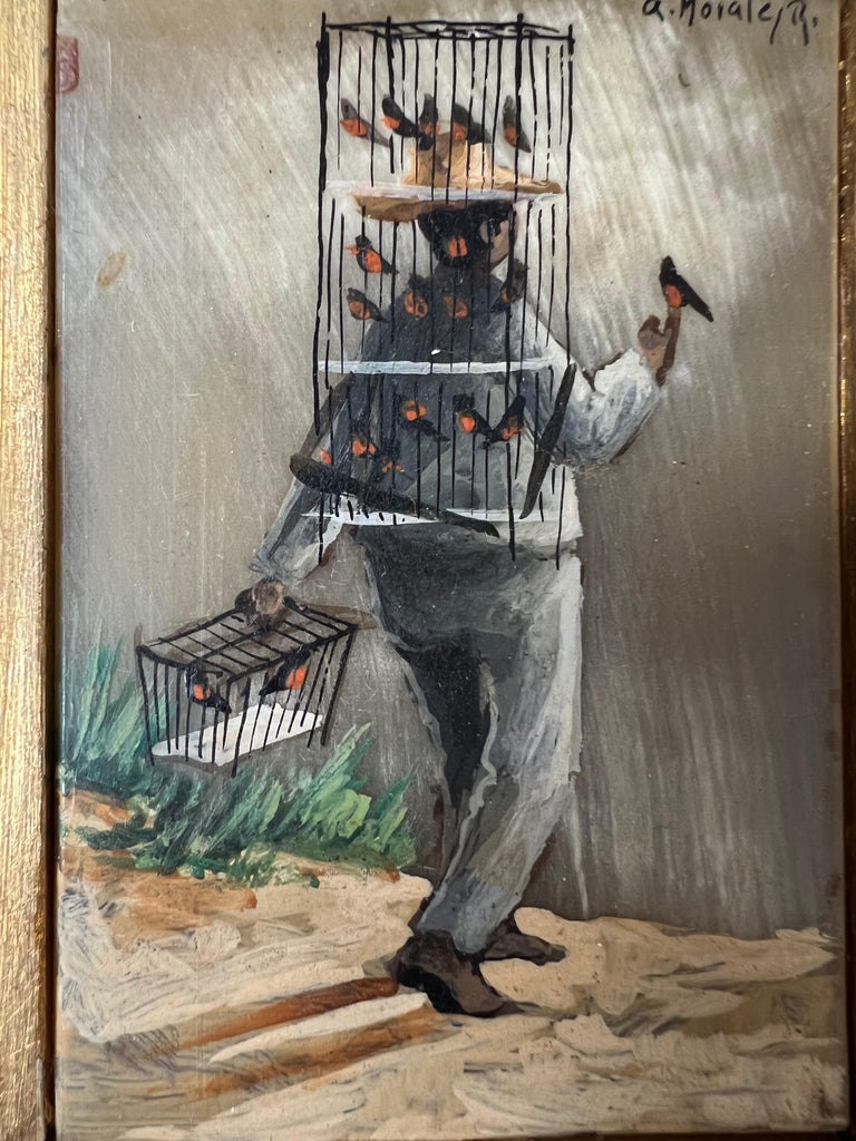 Little Oil Painting of a Bird Vendor by Armando Morales For Sale at 1stDibs