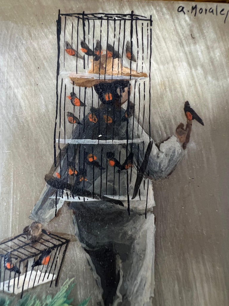 Little Oil Painting of a Bird Vendor by Armando Morales For Sale at 1stDibs